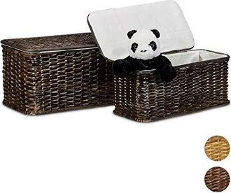 Relaxdays Truhe 2er Set geflochten Rattan eckig H x B x T: 26 x 50 x 29,5 cm stapelbare Korbtruhe mit herausnehmbarem Innenfutter waschbar ca. 28 L Rattantruhe 