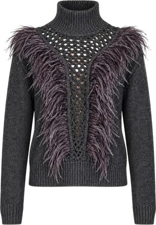 Nenette Pull &agrave; col roul&eacute; avec plumes et ajours - Femme - Pulls - Noir - Taille: 38 FR