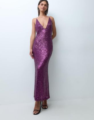 Asos robe longue &agrave; sequins avec d&eacute;collet&eacute; arrondi plongeant violette-Noir