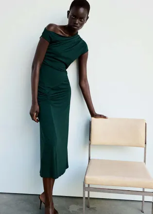 Mango Robe asym&eacute;trique fronc&eacute;e vert fonc&eacute; - Femme - XS - MANGO