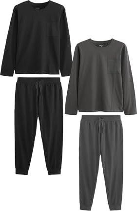 Next Homme Pyjama &agrave; Manches Longues 100% Coton, Lot de 2 Noir/Gris L