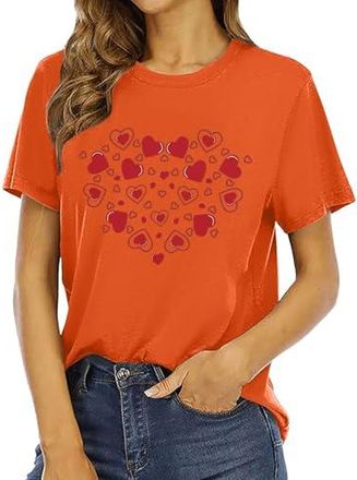 Generic T-shirt d&eacute;contract&eacute; &agrave; manches courtes pour femme Motif Saint-Valentin 2026, Orange, XXL