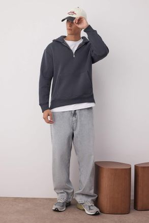 Trendyol MAN Herren Grau Einfarbig Lang Oversize Sweatshirts