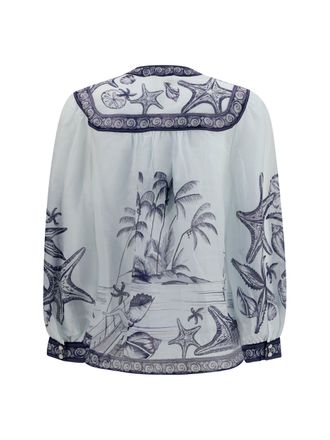 Farm Rio Womens Blouse Seaside Print Off-White Coast Scarf Ramie Shirt