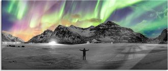 Pixxprint Glasbild Panorama, Wandbild aus Echtglas, Polarlichter &uuml;ber den Bergen bei Nacht B&W Detail, 120x50 cm, inkl. Aufh&auml;ngung und Abstandshalter