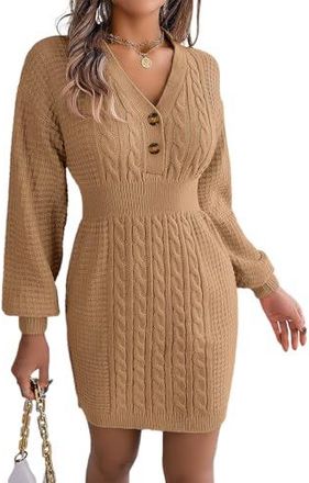 Onsoyours Robe Tricot&eacute;e Femme &Eacute;l&eacute;gante Manches Longues Pull &Agrave; Col en V Tunique Robe Tops D&eacute;contract&eacute;e Chaude Mini Robe avec Fente 02 Kaki XS