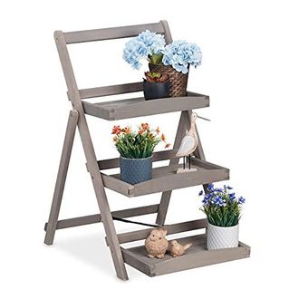 Relaxdays Blumentreppe, 3 Etagen f&uuml;r Pflanzen, klappbar, Blumenregal, innen & au&szlig;en, Holz, HBT: 80 x 50 x 64 cm, grau