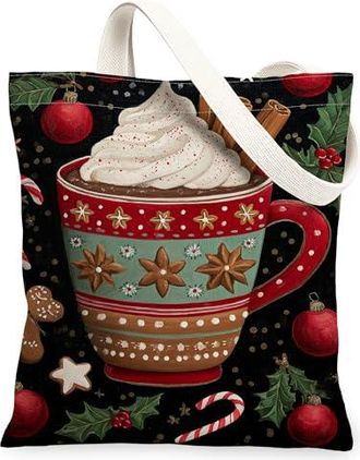 Generic Sacs fourre-tout r&eacute;utilisables en toile pour tasse de No&euml;l, motif chocolat chaud, sacs d&eacute;picerie dhiver, r&eacute;tro, l&eacute;gers, lavables en toile pour voyage,