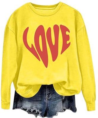 Generic Sweat-shirts de Saint-Valentin 2026 pour femmes 2024 imprim&eacute; graphique coeur col rond manches longues chemisier Saint-Valentin automne hiver pull, jau
