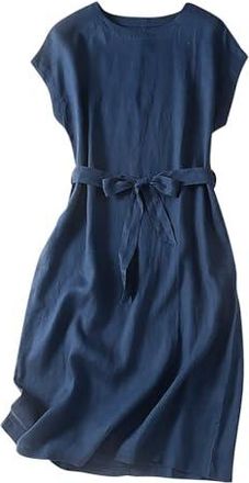 Generic Robe Mi Longue Femme Grande Taille Cotton Linen Ete Manches 3/4 Solide Loose Dress Col Rond Lacer Chic Et &eacute;l&eacute;gante D&eacute;Contract&eacute;e L&eacute;g&egrave;res Basic Tendance