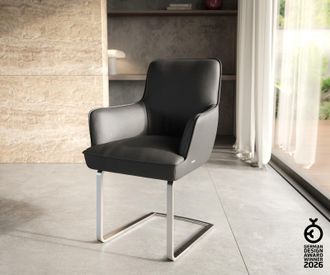 DELIFE Freischwinger Heira-Flex mit Armlehnen Echt-Leder Schwarz Freischwinger flach Edelstahl Taschenfederkern, Esszimmerst&uuml;hle