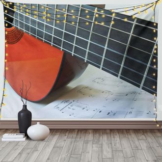 Abakuhaus Gitarre Wandteppich, Nahaufnahme eines Griffbretts auf einem klassischen Instrument Notenblatt, aus Weiches Mikrofaser Stoff Wand Dekoration Für Schla