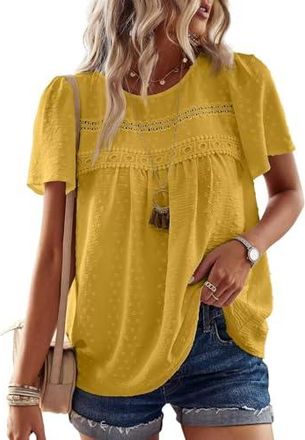 Generic Haut d&eacute;t&eacute; tendance pour femme, d&eacute;contract&eacute;, boh&egrave;me, col rond, manches lanternes, manches courtes en dentelle fluide, jaune, XL