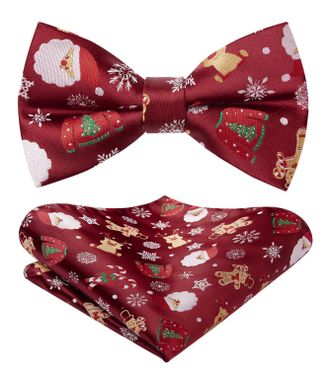 Hisdern Fliege Weihnachten Herren Vorgebunden Weihnachtsfliege für Geschenke Feiertags Einstellbar Rot Fliege und Taschentuch Set