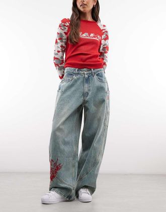 Ed Hardy Jean bouffant avec imprim&eacute; dragon - Bleu moyen