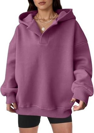 Generic Sweat &agrave; capuche surdimensionn&eacute; &agrave; col en V pour femme - Pull en polaire &agrave; manches longues - V&ecirc;tements Y2K - Tenue tendance automne 2025, violet, XXL