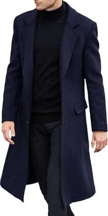 Generic Manteau long d&eacute;contract&eacute; &agrave; col crant&eacute; pour homme, coupe ajust&eacute;e, long manteau thermique &agrave; simple boutonnage, bleu, 3XL