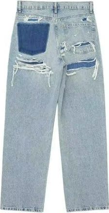 Generic QXWD Jean d&eacute;contract&eacute; &agrave; jambe droite pour femme, quatre saisons, tendance, ample et confortable, bords d&eacute;lav&eacute;s, Malachite bleue., XS