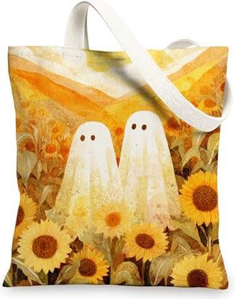 Generic Sacs fourre-tout en toile motif tournesol fantaisie, sacs dépicerie réutilisables, légers et lavables, jaune, 13x15 Inch