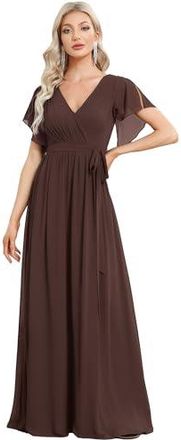 Ever-pretty Robe pour Mariage Invit&eacute; Longue Femme Col V Mousseline A Line Manches Courtes Pliss&eacute; Chic Brun Espresso 42