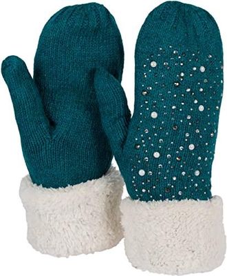 styleBREAKER Femmes moufles chaudes dhiver en tricot avec strass et perles, gants, thermo polaire, gants tricotés 09010039, couleur:Pétrole