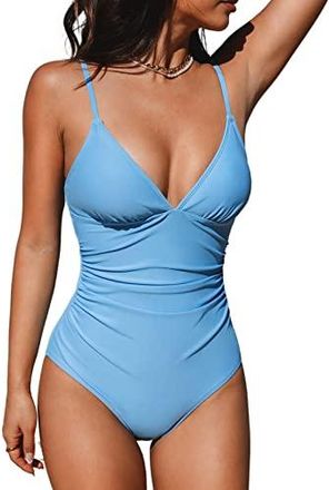 Cupshe Maillot de Bain Une pièce pour Femme Col en V Profond Bretelles Spaghetti réglables Maillot de Bain froncé Devant Bas du Dos Bleu Bébé XL