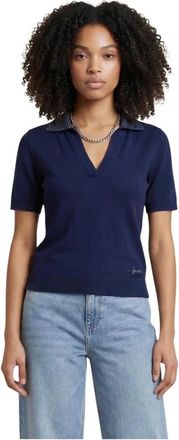 Guess Femme, Tops, Bleu, Taille: 42 FR Polo en laine &agrave; col en V et manches courtes