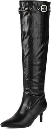 Generic Escarpins à talon aiguille à bout pointu pour femme - Chaussures classiques souples à volants et sangle à boucle, Noir, 39.5 EU