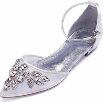 Generic Chaussure Mari&eacute;e Mariage Chaussures &Agrave; Talon Plate Bout Pointu Mariee Femme Robe De Soir&eacute;e Confortable Plates Escarpin 2Cm,Blanc,39 EU