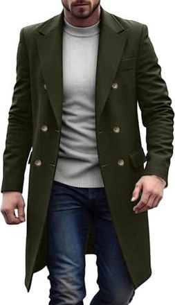 Generic Trench-coat surdimensionné à revers cranté pour homme, veste longue à double boutonnage, manteau dhiver chaud pour les affaires, décontracté, caban mi