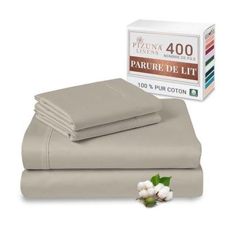 Pizuna Coton Peigné Parure de Lit 140x200 cm Simplement Taupe, 100% Coton Longue durée 400 Fils de Satin Comprend 1 Drap Housse, 1 Drap Plat, 2 Taie doreille
