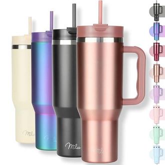 Milu Gobelet thermique 1200ml avec paille & anse, 24h glacé / 12h chaud Tumbler 40oz en acier inoxydable avec poignée, isolant bouteille to go (Rose Gold, 