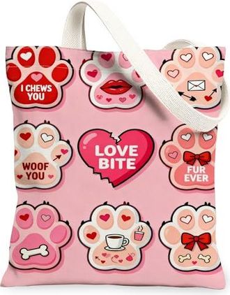 Generic Sacs fourre-tout r&eacute;utilisables en toile avec imprim&eacute; de pattes de Saint-Valentin, sacs &agrave; provisions r&eacute;utilisables, l&eacute;gers et lavables, p&ecirc;che, 13x15 In