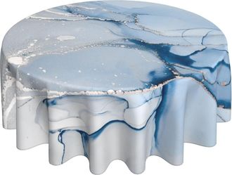 AOOEDM Marmortischdecke, rund, 60 Zoll, Bauernhaus, Silber und Blau, runde Tischdecke, Polyester, waschbar, Marmortischdecke, Tischdecke für Küche, Esszimmer