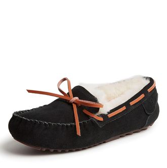 Dearfoams Damen Fireside Victoria Mokassin mit Krawatte aus Echtem Lammfell, f&uuml;r Drinnen und Drau&szlig;en Hausschuh, Schwarz, 39 EU