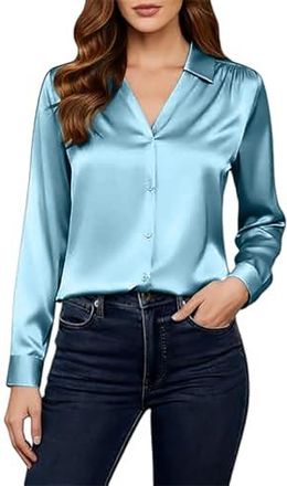 Generic Chemisier &agrave; manches longues pour le travail grande taille - Chemisiers en satin pour femme - Chemise habill&eacute;e &eacute;l&eacute;gante &agrave; boutons - Col en V - Col en V