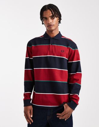 Fred Perry Polo rayé à manches longues - Bleu marine/rouge
