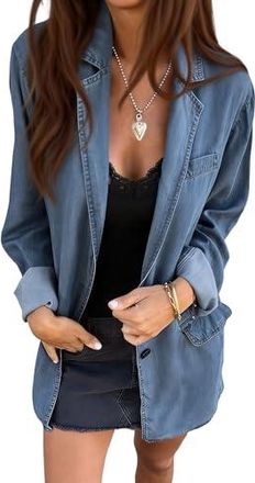 Generic Blazer tendance en jean ouvert sur le devant pour femme, l&eacute;ger, d&eacute;contract&eacute;, automne, printemps, travail, bureau, bleu clair, 4XL
