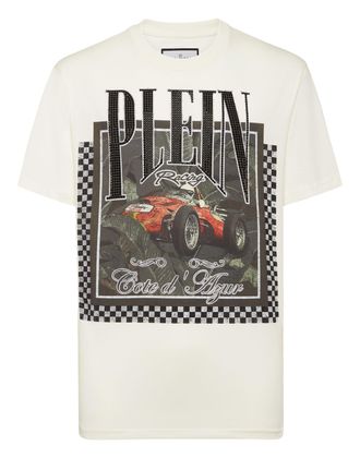 Philipp Plein Rundhalsausschnitt T-Shirt mit Racing-Print - Creme