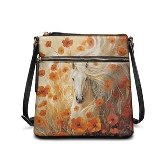 Coloranimal Sac &agrave; bandouli&egrave;re pour femme - Sac &agrave; bandouli&egrave;re &agrave; fermeture &eacute;clair - Sac &agrave; bandouli&egrave;re l&eacute;ger en cuir synth&eacute;tique, Cheval blanc floral