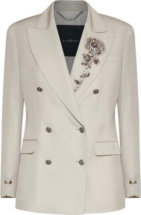 John Richmond Femme, Vestes, Blanc, Taille: 42 FR Blazer Crois&eacute; avec Ornement Floral Bijou