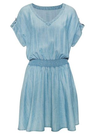 Buffalo Sommerkleid mit V-Ausschnitt aus weicher Lyocellware kurzes Kleid, figurumspielendes Sommerkleid, Strandkleid, Tunikakleid