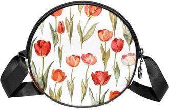 Generic Sac &agrave; bandouli&egrave;re rond pour femme, sac &agrave; bandouli&egrave;re peint tulipe avec fermeture &eacute;clair, bretelles r&eacute;glables, sac &agrave; main rond d&eacute;contract&eacute; pour femmes 