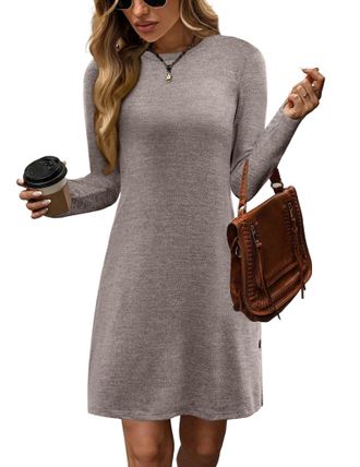 Zeagoo Kleider Damen Langarmkleid Rundhals Strickkleid Herbst Winter Casual D&uuml;nn Kleid Einfarbig Knielang Kleid mit Kn&ouml;pfen Braun L