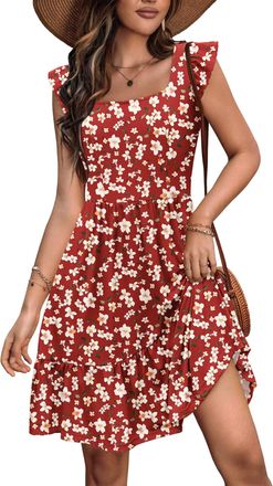 Zeagoo Kleid Sommer Damen Quadratischer Ausschnitt Sommerkleider R&uuml;schen&auml;rmel Strandkleid Knielang Schulterfreies Kleider Boho Kleider Mit Taschen Rot Blumen
