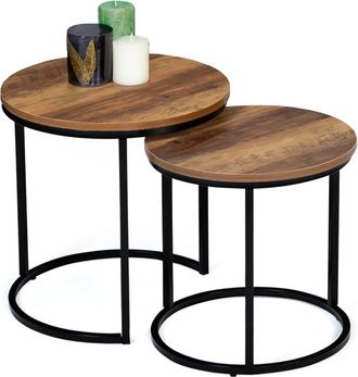 IDMarket Hawkins Couchtisch, rund, 40/45 cm, dunkles Holz, industrielles Design, 2 Stück