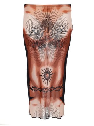 Jean Paul Gaultier Safe Sex Tattoo Print Midi Skirt - Multicolor
