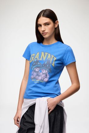 Ganni T-shirt Baby Fit avec ours en peluche et champignon Bleu Coton recycl&eacute; - Taille XL - Pour Femme