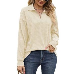 Generic Pull &agrave; revers tendance pour femme - Col en V - Ample et confortable - Pour lhiver - Chemises de sport, beige, XXL