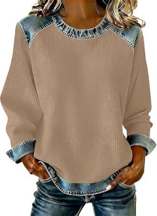 Generic Sweat-shirt &agrave; manches longues et col en jean pour femme - Haut d&eacute;contract&eacute; l&eacute;ger &agrave; manches longues - Pull tunique, kaki, 5XL